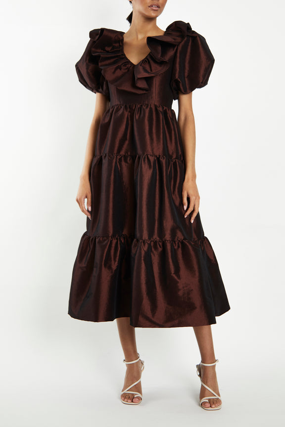 Althia Chocolate Taffeta Tiered Midaxi Dress - 14 - True Decadence