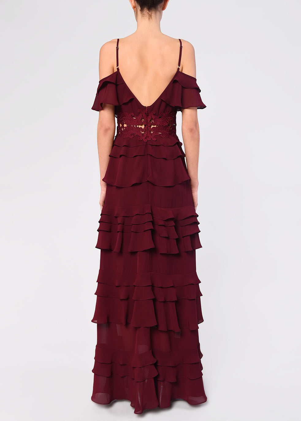Olivia Burgundy Plunge Front Tiered Ruffle Maxi Dress - 6 - True Decadence